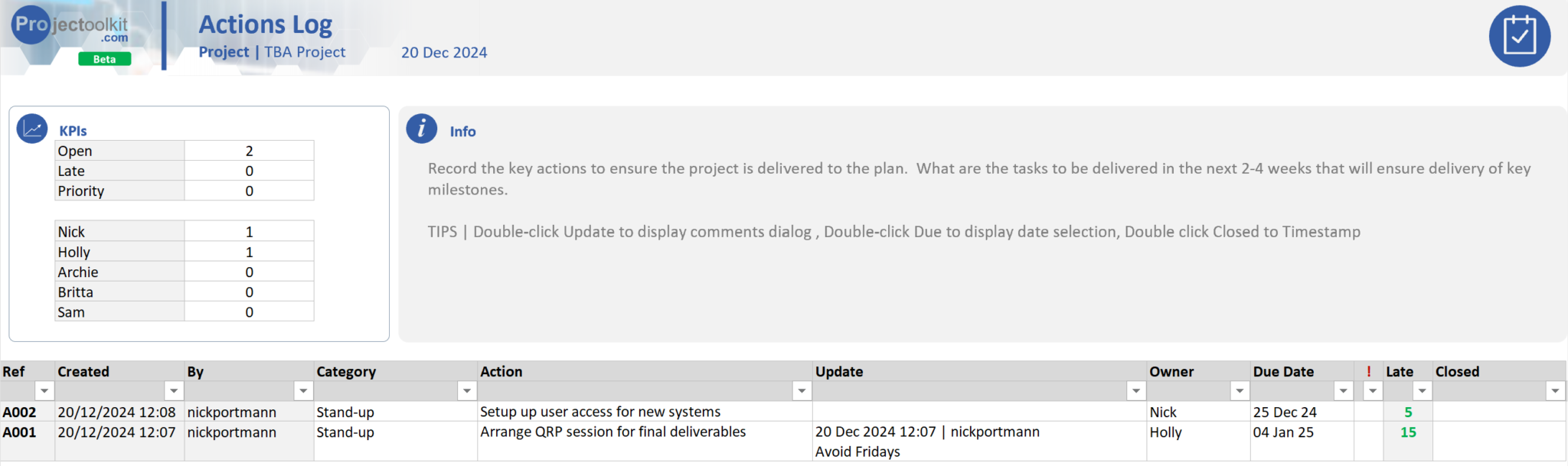 Actions Log - Projectoolkit