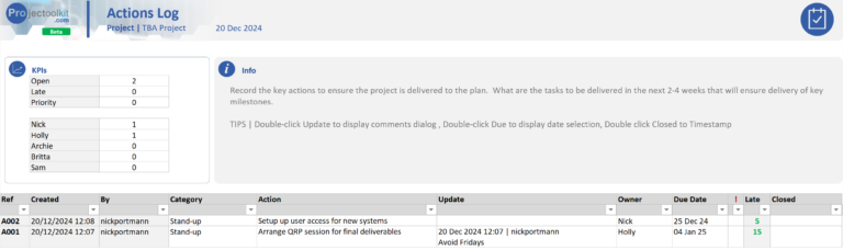 Actions Log - Projectoolkit